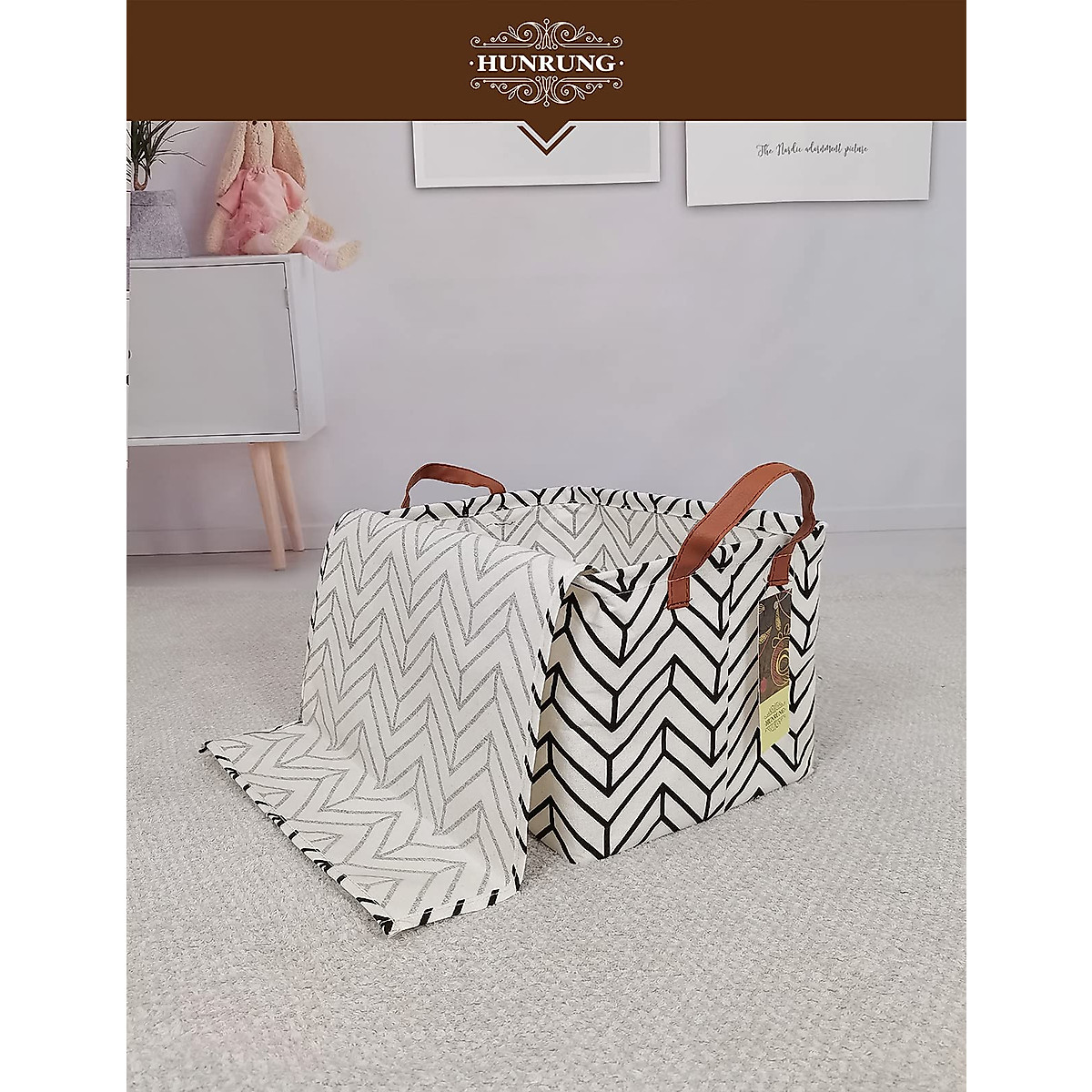 HUNRUNG Storage Boxes with Lids Rectangle/Square Storage Bins，Storage Basket Cute Canvas Organizer Bin for Pet/Children Toys, Books, Clothes Perfect for Rooms/Playroom/Shelves（Rec-Geometry-with lid）