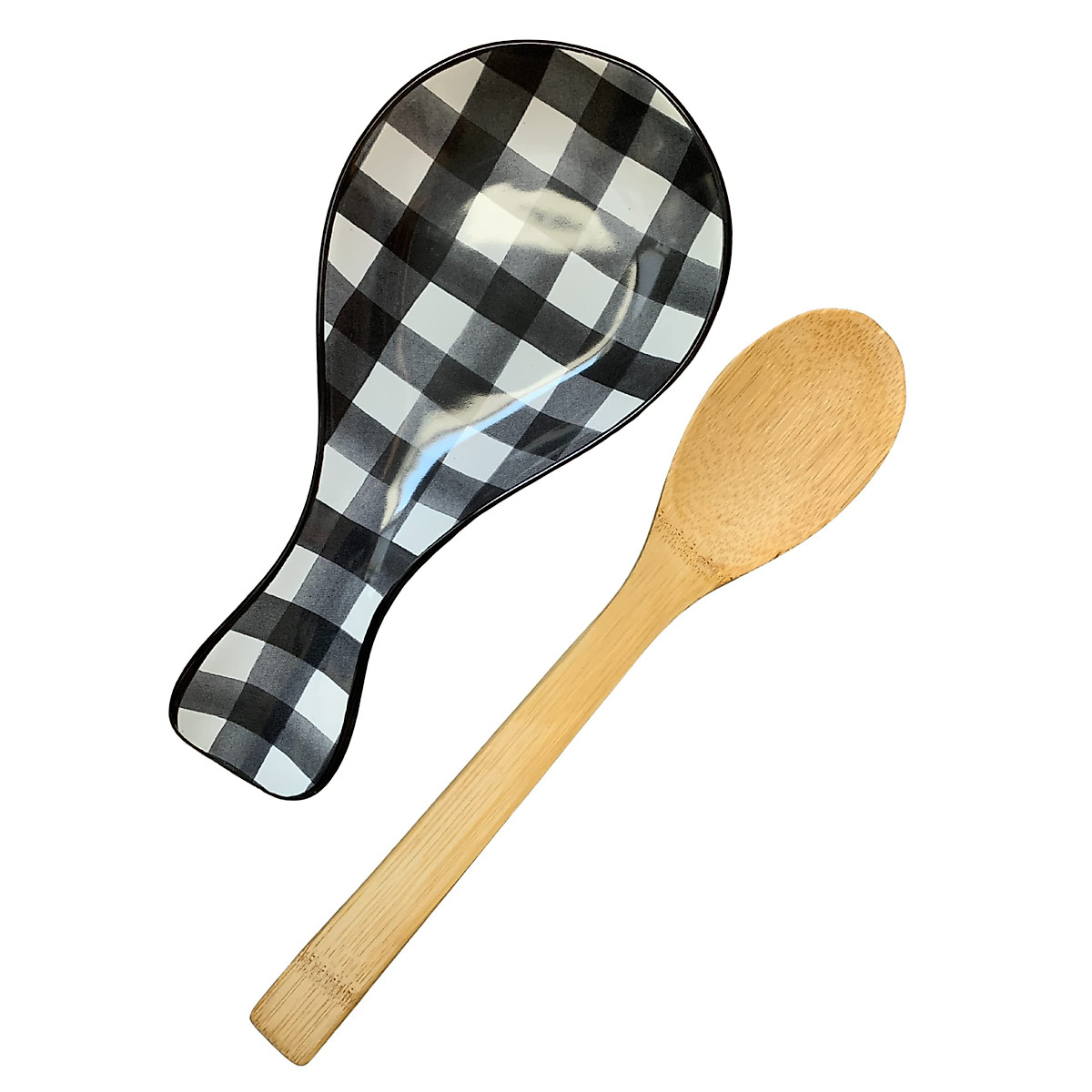 YLF Collections Buffalo Plaid Spoon Rest & Spoon Set, Large Black & White Spoon Rest with Bamboo Spoon, 10.25x4.9x1
