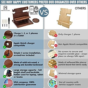 Solid Wood Phone Docking Station for up to 3 Phones - Nightstand Organizer for Men & Women Holds Multiple Phones, Tablets, Apple Watch & More - Neatly Stores Keys, Rings, Glasses & EDC, Brown