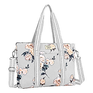 MOSISO Laptop Tote Bag for Women (17-17.3 inch), Canvas Camellia Multifunctional Work Travel Shopping Duffel Carrying Shoulder Handbag, Grey