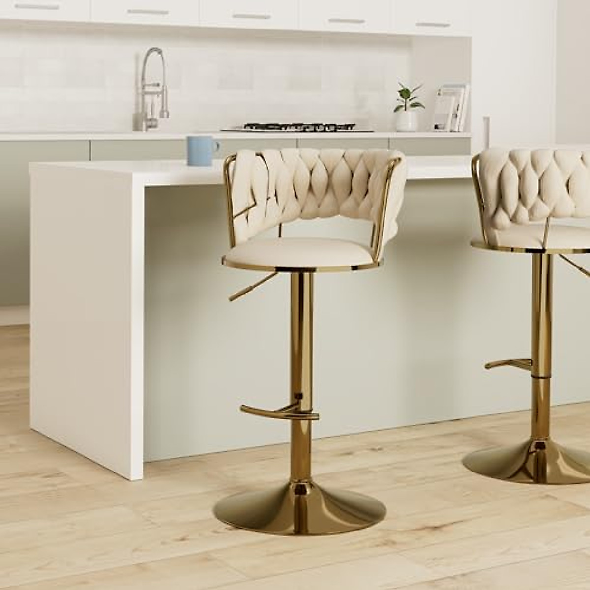 Kiztir Velvet Swivel Bar Stools Set of 2, Adjustable Counter Height Bar Chairs with Woven Back & Footrest, Luxury Gold Bar Stools for Kitchen Island, Cafe, Pub (Cream)