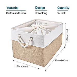 HOdo Home Foldable Storage Bin with Drawstring Closure and 2 Bold Handles, Collapsible Large Canvas Storage Baskets for Organizing Shelf Nursery Home Closet (White&Yellow, 15.8L×11.8W×9.5H - 3Pack)