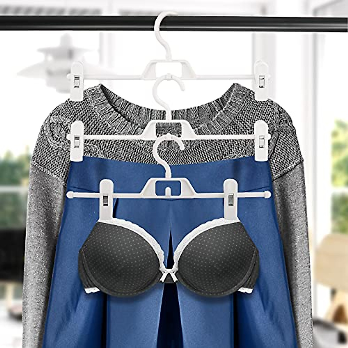 DOITOOL Skirt Hangers with Clips and Strap Hooks, 10Pc Adjustable Space Saving Pants Hanger, Plastic Kids Coat Clothes Garment Top Clip Hangers for Closet Organizer, 360-Rotating Swivel Hook (White)