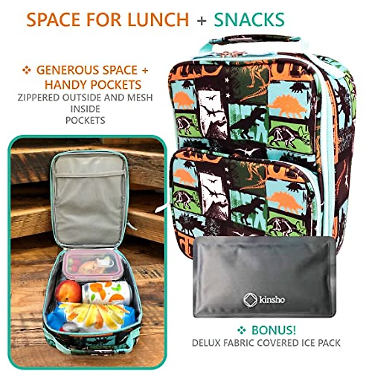 Dinosaur Lunch-Box for Boys with Ice Pack, Insulated Lunch Bag for School Kids Tweens, Large Container for Big Boy Snacks Lunches, Fits Bento, Jurassic T-Rex Dino