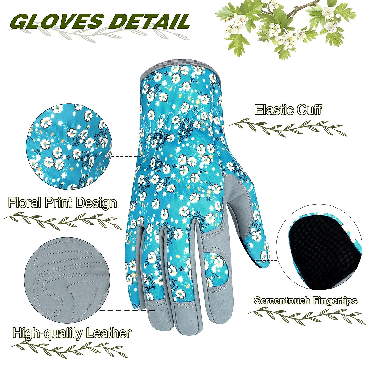 MERTURN Leather Gardening Gloves for Women Unique Floral Print Garden Gloves Touch Screen Design Yard Working Gloves Thorn Proof Gardening Gloves Weeding Tools Garden Gift for Gardener