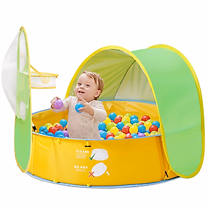 FBSPORT Ball Pit Tent for Kids, Baby Beach Tent Paddling Pool, Baby Play Pool Tent, 50+ UPF Protection Sun Shade with Basketball Hoop- Balls Not Included