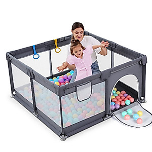 Baby Playpen, Baby Fence with Gates, Playpen for Babies and Toddlers, Playards with Pull-up Rings, Visible Mesh, Safe Anti-Fall Sturdy Baby Play Area, Waterproof Oxford Cloth 50x50"