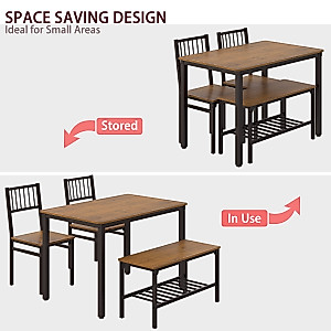 Teraves Dining Table Set for 4/Computer Desk,Kitchen Table with 2 Chairs and a Bench,Table and Chairs Dining Room Set 4 Piece Set for Dining Room (Teak, 110CM)/ 43.31"