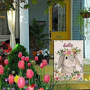 Furiaz Home Decorative Hello Easter Bunny Small Garden Flag, Spring Rabbit Yard Outdoor Decoration Rose Flowers Sign, Holiday Floral Burlap Seasonal Outside Decor Double Sided 12 x 18