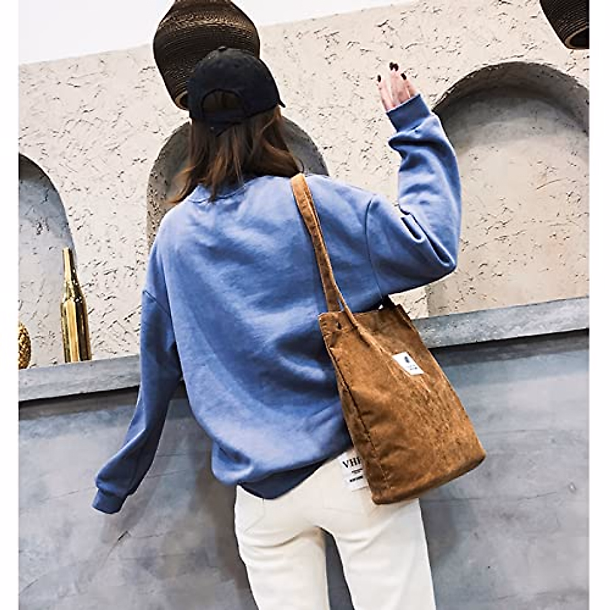 Corduroy Tote Bag Casual Shoulder Bags with Inner Pocket Pearl Bracelet Pendant Handbags Purse for Beach Shopping Travel Work for Women Girls (2PCS(Gray+Brown))