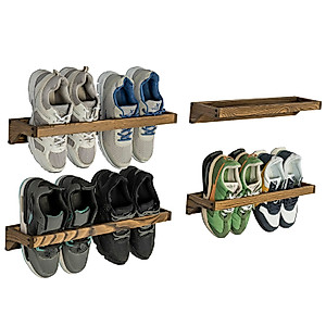 MyGift Set of 4 Rustic Burnt Solid Wood Hanging Shoe Storage Organizer Racks, Wall Mounted Space Saving Footwear Holder for Closet, Mudroom, Entryway, Holds 8 Pairs