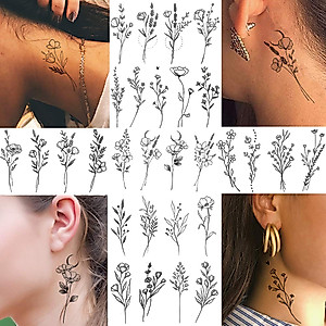 15 Sheets FANRUI Tiny Branch Black Flower Temporary Tattoos For Women Girl Floral Bouquet Small Tattoo Temporary Wild Plant Lavender Sweet Pea Larkspur Fake Tatoo Adults Face Hands Kids Kit Sticker
