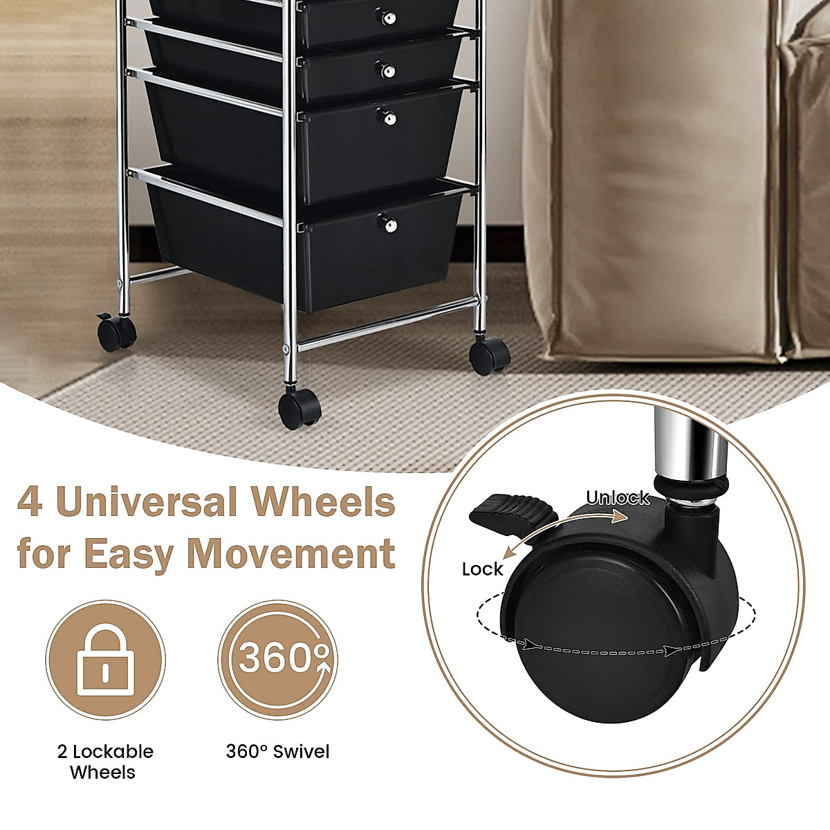 SILKYDRY 6-Drawer Rolling Storage Cart, Multipurpose Utility Drawers Cart with Wheels, Removable Drawers for Craft Scrapbook Tool Paper, Art Organizers and Storage for Home Office School (Black)