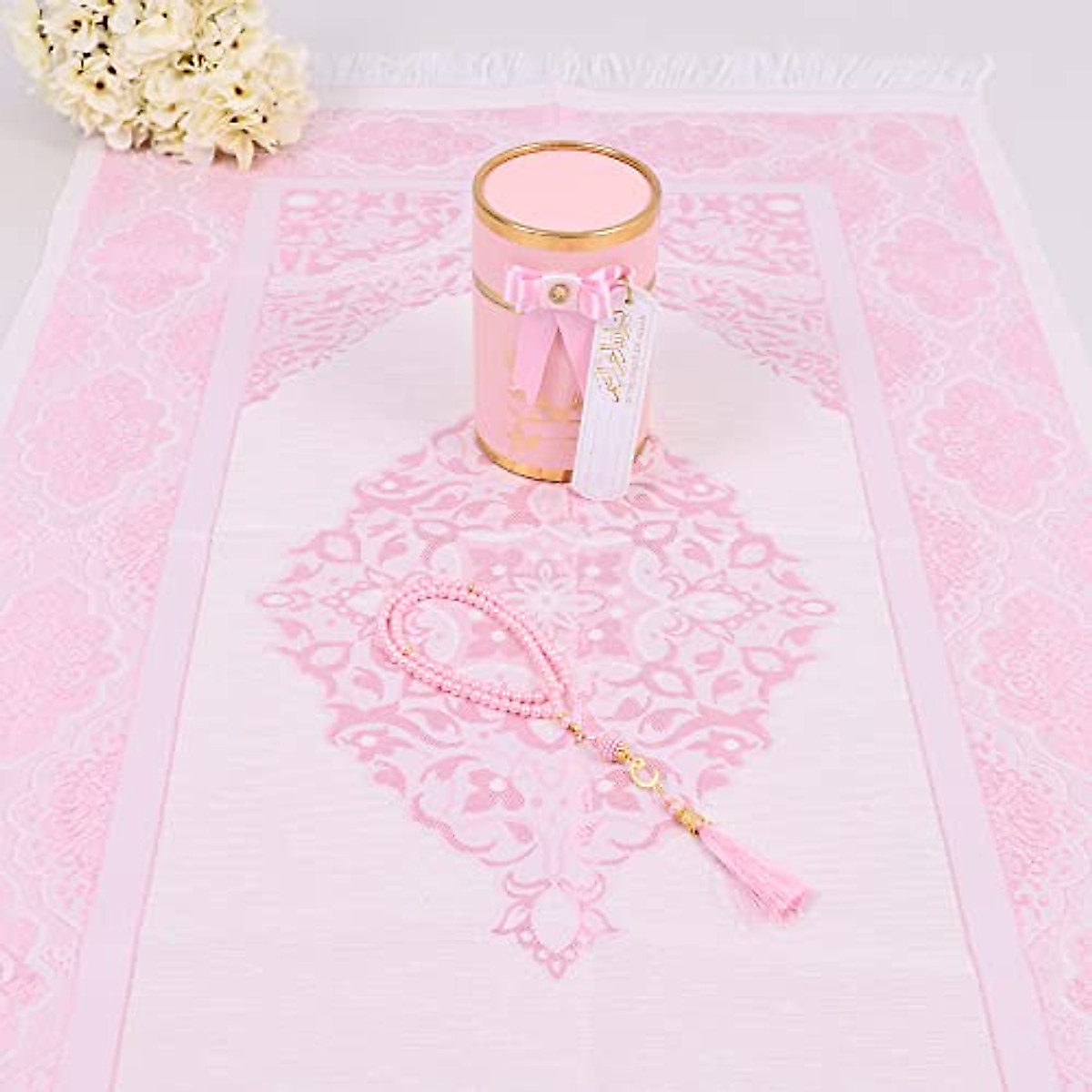 Islamic Elite Favors Personalized Muslim Lightweight Travel Prayer Rug Prayer Beads Set, Prayer Mat Tasbeeh Set, Ramadan Eid Hajj Umrah Wedding Birthday Graduation Mother's Day (Pink)