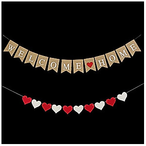 Welcome Home Banner, Rustic Burlap Welcome Home Signs, Welcome Home Decorations, Heart Garland Banner for Wall/Front Door