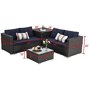 PHI VILLA 5 Pieces Patio Furniture Outdoor Wicker Sofa Set with 2 Loveseat Patio Conversation Sets w/Coffee Table, Storage Box 45Inch Propane Gas Fire Pit