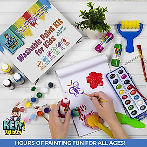 KEFF Kids and Toddler Paint Set - Washable Tempera Finger Painting Set with Non Toxic Watercolor, Acrylic Pots, Sponges & More Art and Crafts Supplies