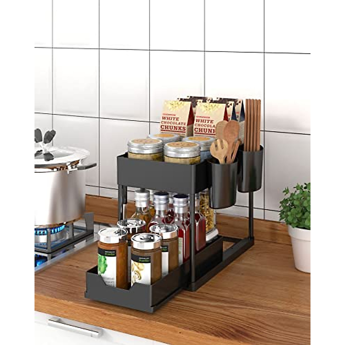 Pulling type seasoning shelf Desktop storage rack (White)