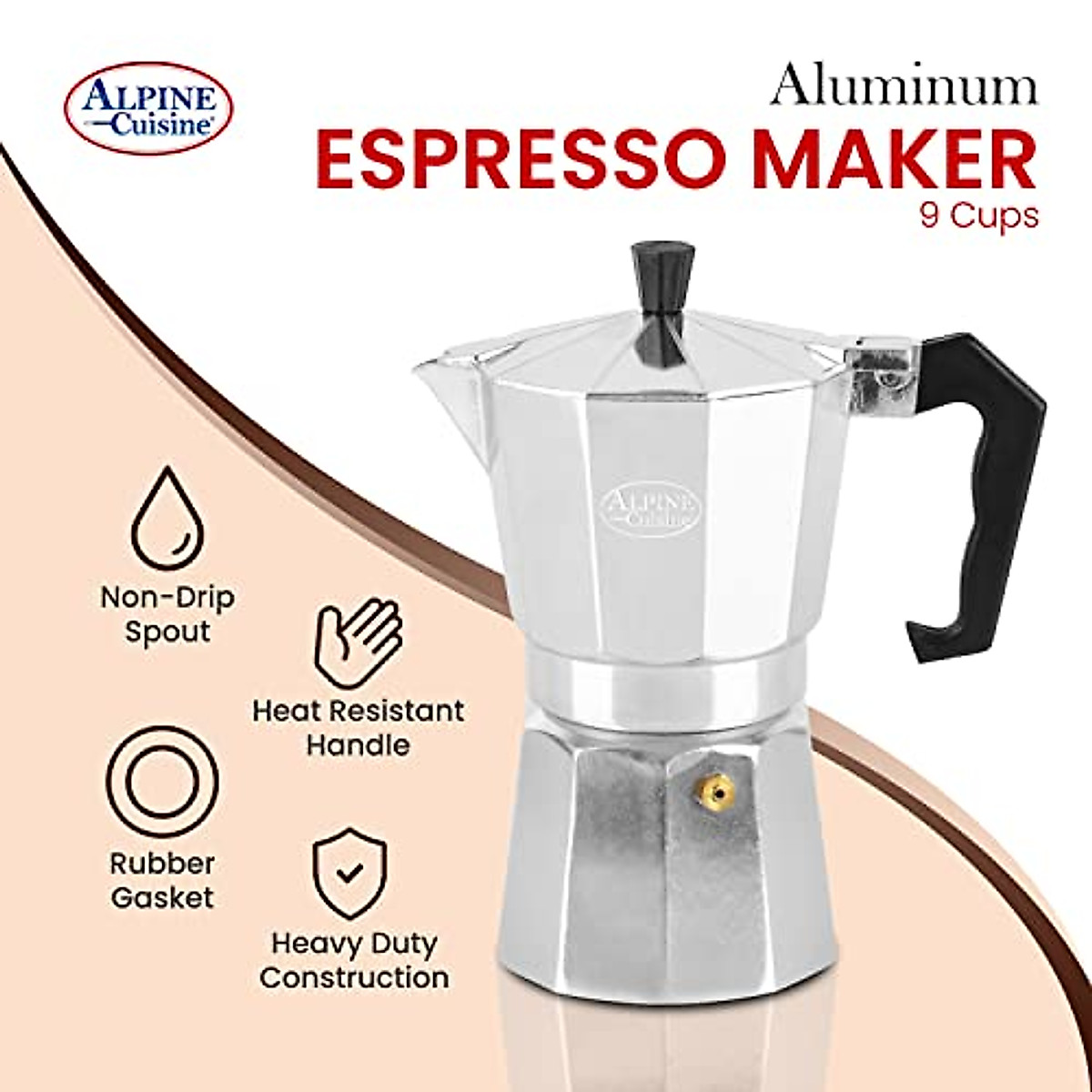Alpine Cuisine Stovetop Espresso Maker 12.5 Oz, 9 Espresso Cups Moka Pot for Classic Italian and Cuban Coffee Maker, Aluminum Moka Pot, Makes Delicious Coffee, Excellent Camping Coffee Pot