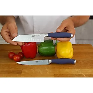 Taylors Eye Witness Syracuse Asian Kitchen Knife Set - Chefs Santoku 13cm/5” & Cooks All Purpose 13cm/5” Cutting Edge, Multi Use. Ultra Fine, Razor Sharp Blade. Soft Textured Grip Denim Blue Handle.