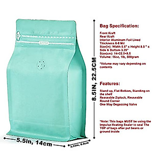 50 Count 16 Ounce Tiffany Blue Kraft Paper Coffee Bags with Air Release Valve, High Barrier Coffee Pouches for Home, Store, Flat Bottom (50pcs/16oz, 1lb, 500g)