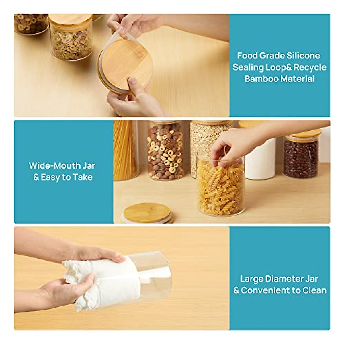 VTOPMART Glass Food Storage Jars, 7 Pack Airtight Food Containers with Bamboo Wooden Lids, Clear Glass Containers for Kitchen, Pantry Organization