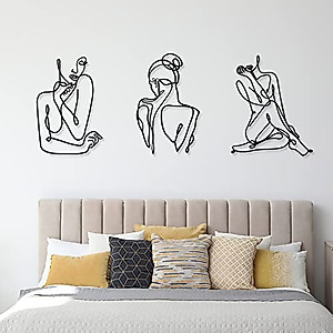 Photect 3 Pieces Metal Wall Art Decor Minimalist Abstract Woman Wall Art Modern Line Drawing Wall Art Decor Metal Female Single Line Wall Home Hanging for Bedroom Kitchen Bathroom Living Room (Black, Modern)