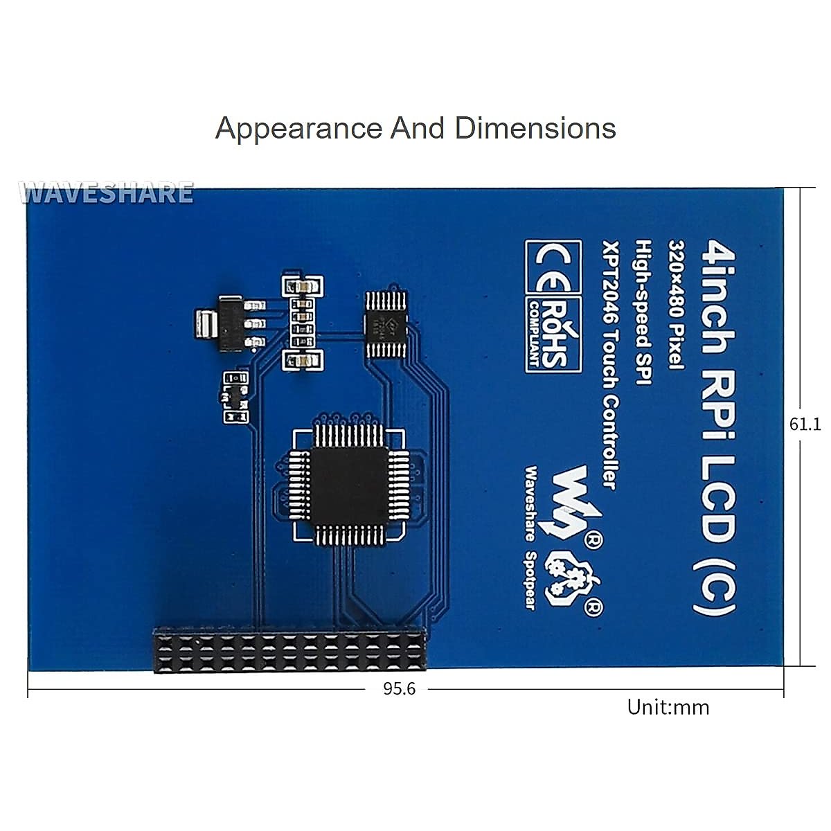 waveshare 4inch Resistive Touch Display Compatible with Raspberry Pi 4B/3B+/3B/2B/B+/A+/Zero/Zero W/WH/Zero 2W Series Boards 480×320 Resolution 125MHz High-Speed SPI
