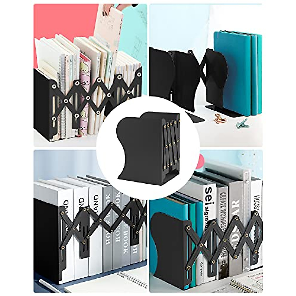 MSDADA Adjustable Bookends, Bookends for Heavy Book, Expandable Book Organizer for Office, School, Libraries, Extends up to 19 inches (Black)