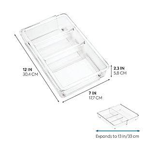 iDesign Linus BPA-Free Plastic Divided Expandable Drawer Organizer Tray - 12" x 7" x 2.25", Clear