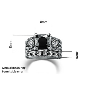 Double Fair White or Black Gold Plated Cushion Cut Black CZ Stone Engagement Promise Anniversary Ring Sets For Women (Silver, 8)