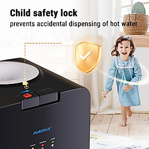 PUREPLUS WATERCOOLER Top Loading Water Dispenser, Hot, Cold & Room Temperature Water, Holds 3 or 5 Gallon Bottles, Child Safety Lock, Compression Refrigeration Technology, Black