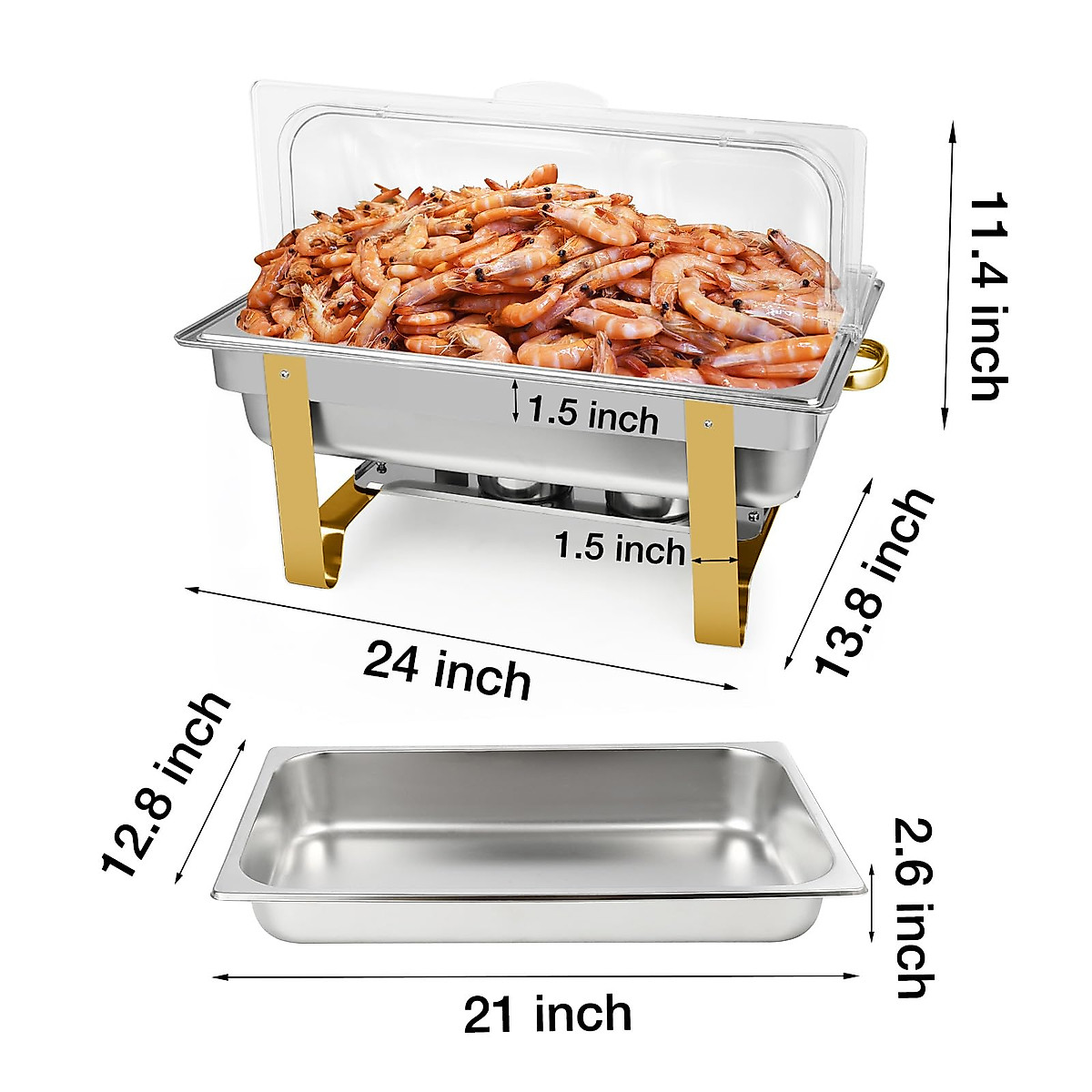 Restlrious Chafing Dish Buffet Set with Roll Top Plastic Cover 2 Pack, Stainless Steel 8 QT Rectangular Chafers and Buffet Warmers Complete Set w/Food Pan Water Pan, Fuel Holder in Gold Accent
