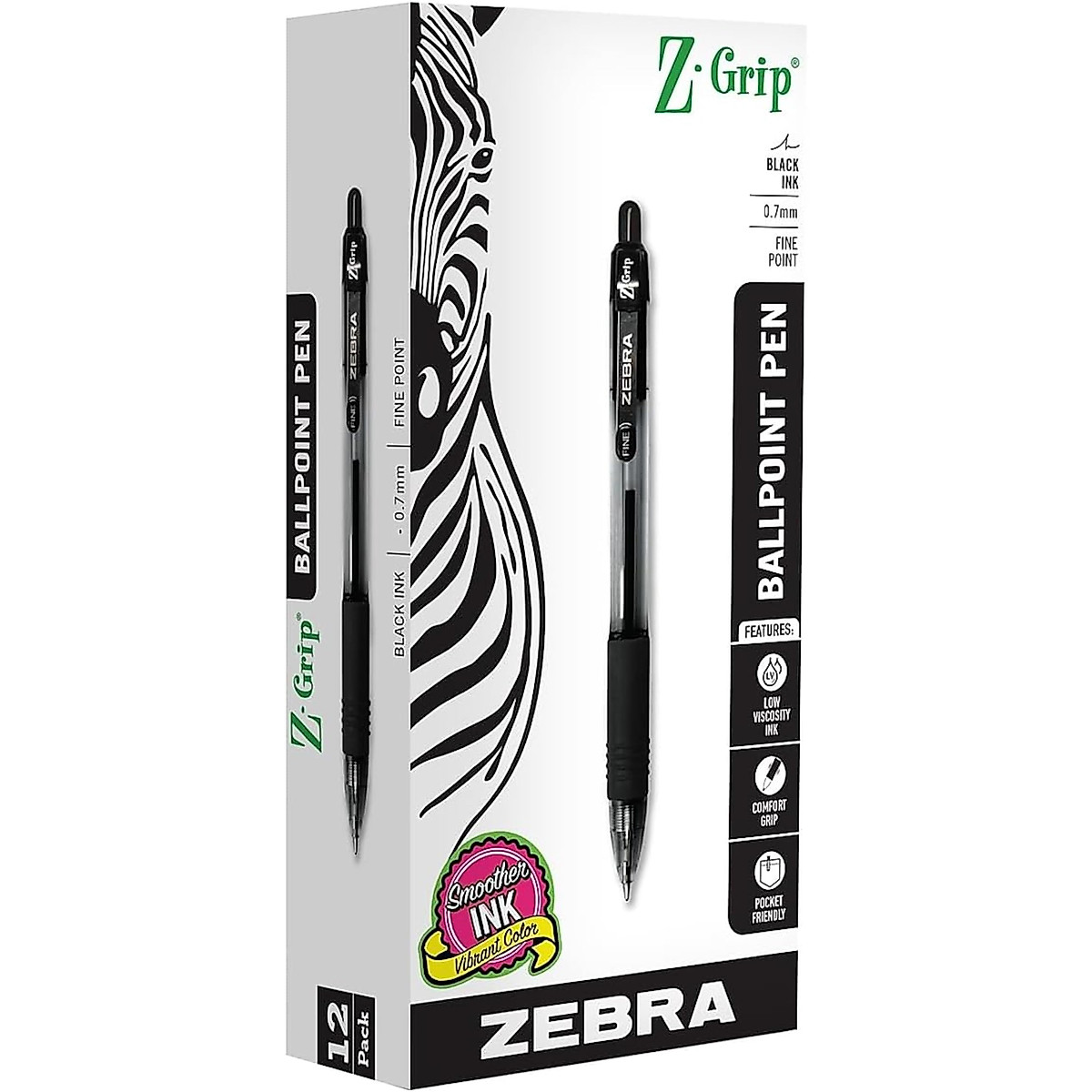 Zebra Pen Z-Grip Retractable Ballpoint Pen, Fine Point, 0.7mm, Black Ink, 12-Pack