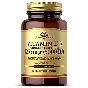Solgar Vitamin D3 (Cholecalciferol) 125 MCG (5000 IU), 100 Softgels - Helps Maintain Healthy Bones & Teeth - Immune System Support - Non GMO, Gluten Free, Dairy Free - 100 Servings