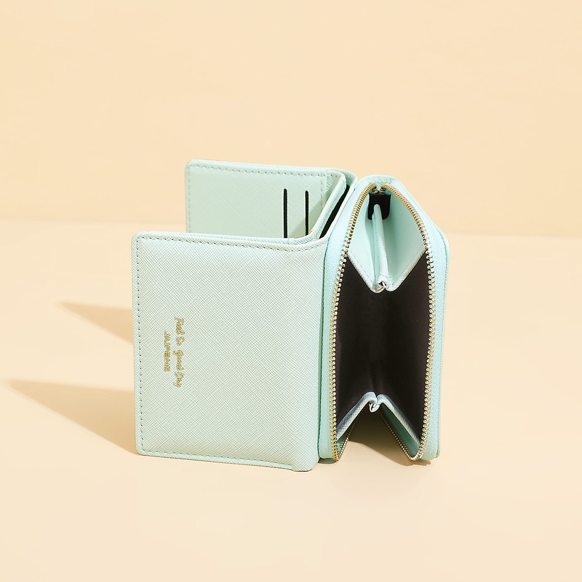 JIUFENG Women's RFID Blocking Short Wallet Multi Purpose Zipper Folded Purses Coins Pouches Multi-card Position Card Organizer (Green)