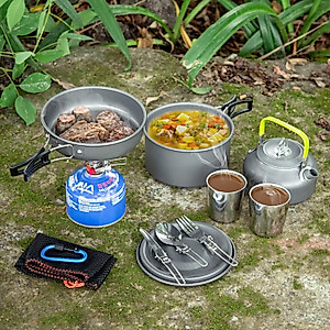 Odoland Bundle – 2 Items 10pcs Camping Cookware Mess Kit and 8 Pcs Camping Cookware Utensils Travel Set for Backpacking, Outdoor Camping