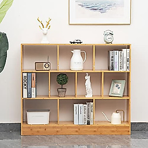 Maydear Bookcase 10 Cube Bookshelves with Base, 3-Tier Bamboo Freestanding Bookcase Storage Organizer Open Shelf Display Cabinet for Bedroom, Living Room, Kitchen and Office Storage Shelves