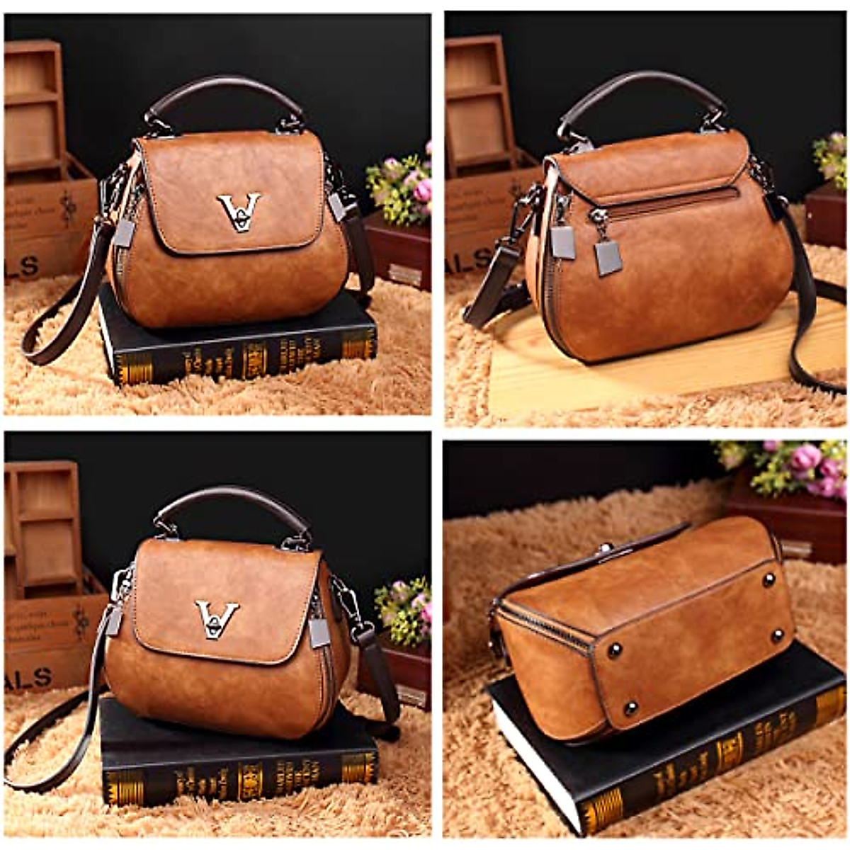 Top-Handle Bags Leather Crossbody Shoulder Bag Handbags for Women Saddle Bag Brown