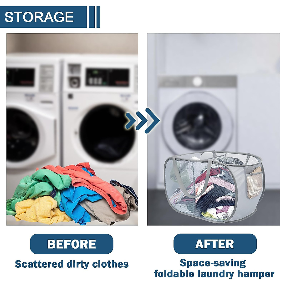 Violinak 4 Pack Collapsible Laundry Baskets Dual Compartment, Mesh Pop Up Hamper with Easy Carry Handles, Foldable laundry hamper for College Dorm, Kids Room, Laundries and Travel, toy storage basket