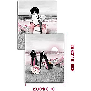 African American Wall Art Black Girl on The Beach Pink Flowers, Perfume Handbags High Heels Modern Black and White Canvas Prints Framed Wall Decor for Girls Bedroom, Set of 4. 8x10in UNFRAMED