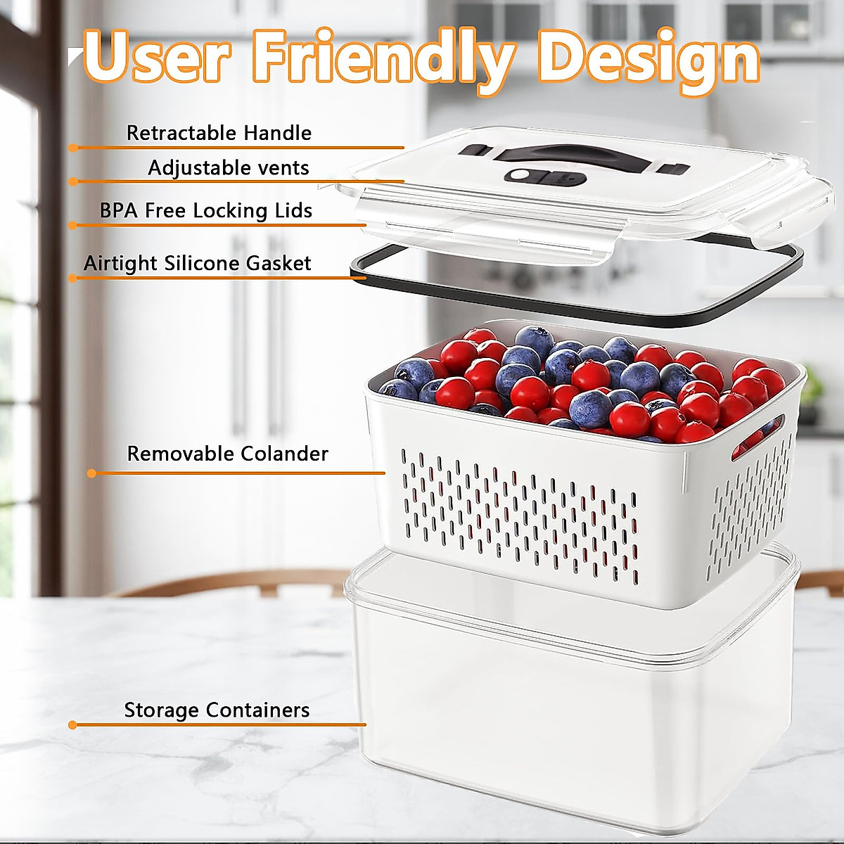 HOMEEE 4 Pack Large Airtight Fridge Food Organizer Containers, Fruit and Vegetable Storage Containers with lids, Portable Outdoor Picnics Food Storage with Removable Colanders(4.15L+3.15L+1.7L+0.8L)