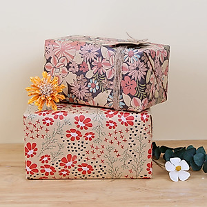 Aimyoo Kraft Floral Wrapping Paper Bundle, Vintage Sunflower Flower Gift Wrap Paper for Wedding Bridal Shower Birthday Rolls of 4, 17 in x 16 ft per Roll