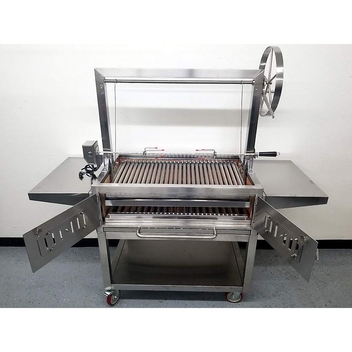 Charcoal Outdoor BBQ, Stainless Steel #430 Body and #304 Grates, Rotisserie Parrilla Santa Maria/Argentine Grill Spit