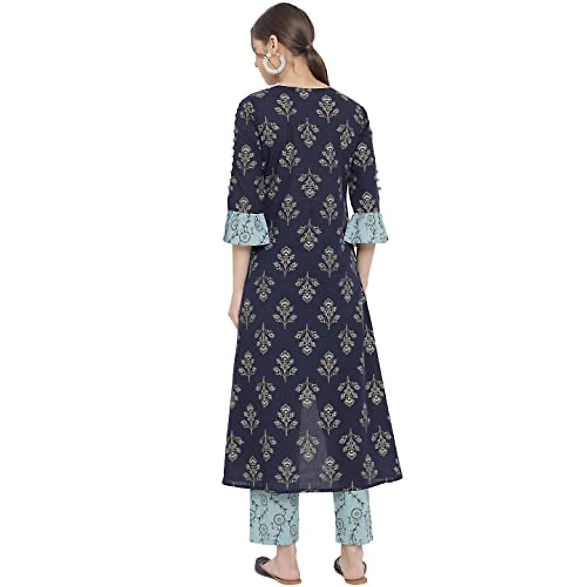 Yash Gallery Women's Cotton Floral Print A-line Kurta Pant Set (Blue)