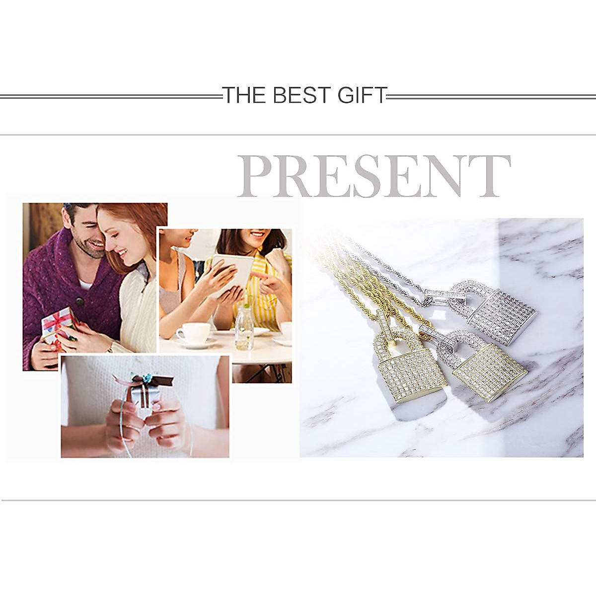 TOPGRILLZ 14K Gold Plated Iced out Lock Pendant Necklace for Women and Women Punk Rock Egirl Eboy Aesthetic Chains Collection Gifts (White Gold)