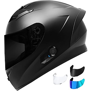 GDM Bluetooth Motorcycle Helmet with Clear, Tinted, Iridium Shields (Small, Flat Black)