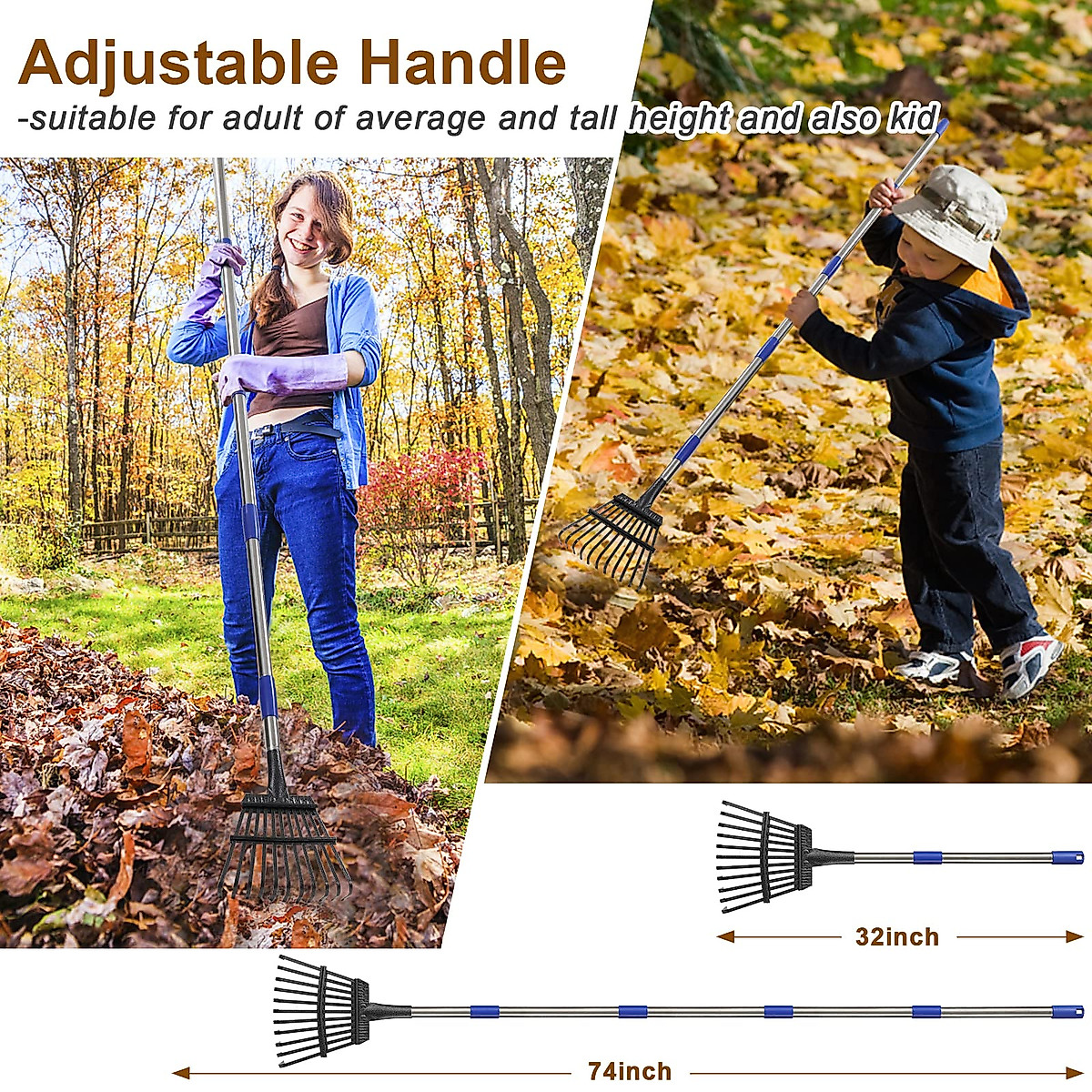 Garden Rake -Small Leaves Rakes for Gardening - 11 Metal Tines 8.5" Wide - 78" Long Handle Leaf Rakes for Lawns Heavy Duty for Yard Lawn Shrub Garden Beds