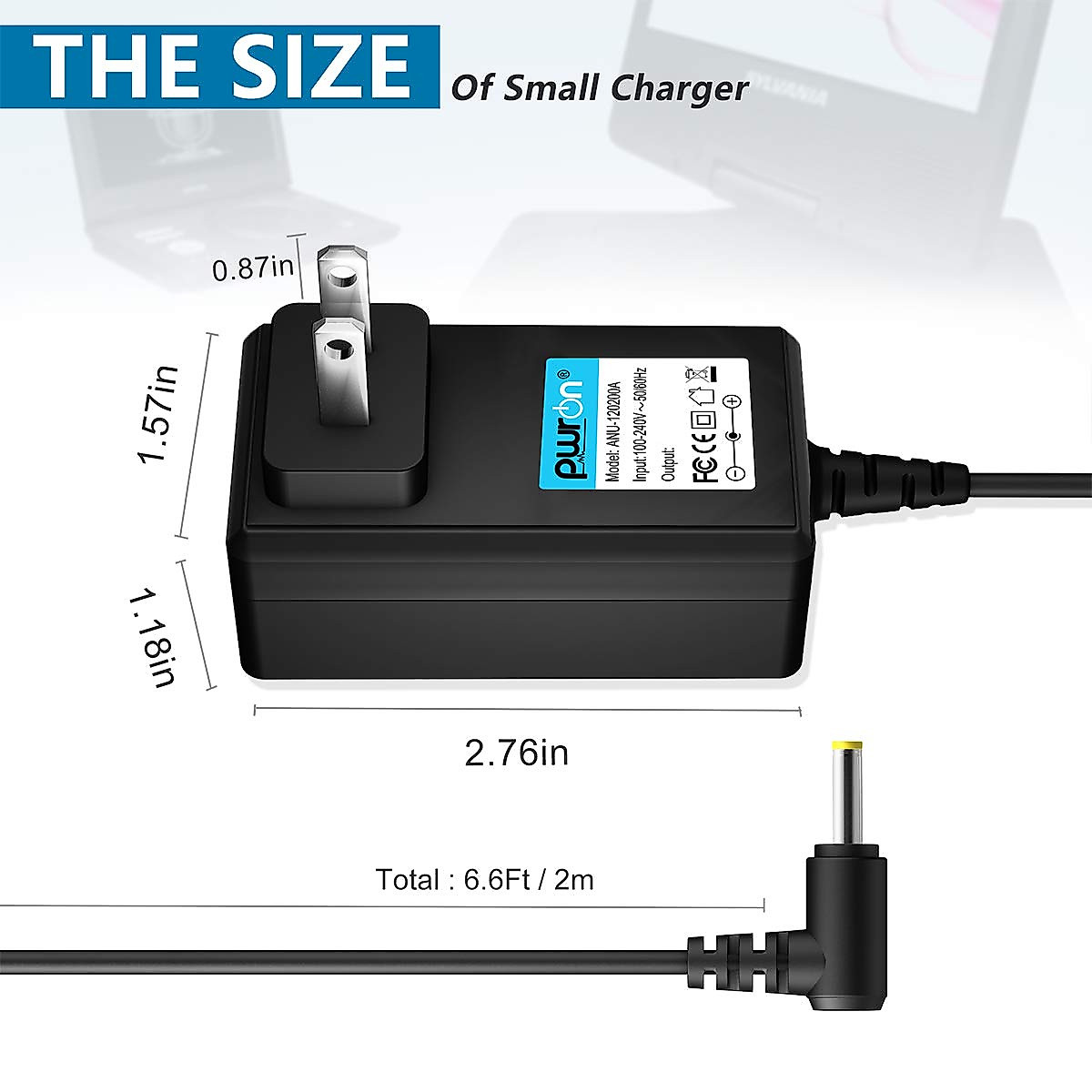 PwrON 6.6ft Cord 12V AC to DC Adapter Compatible with Sylvania 7" 9" 10" Portable DVD Player SDVD7014 SDVD7015 SDVD7027 SDVD8009 SDVD8727 SDVD8737 SDVD9000 SDVD8732 Charger Power Supply