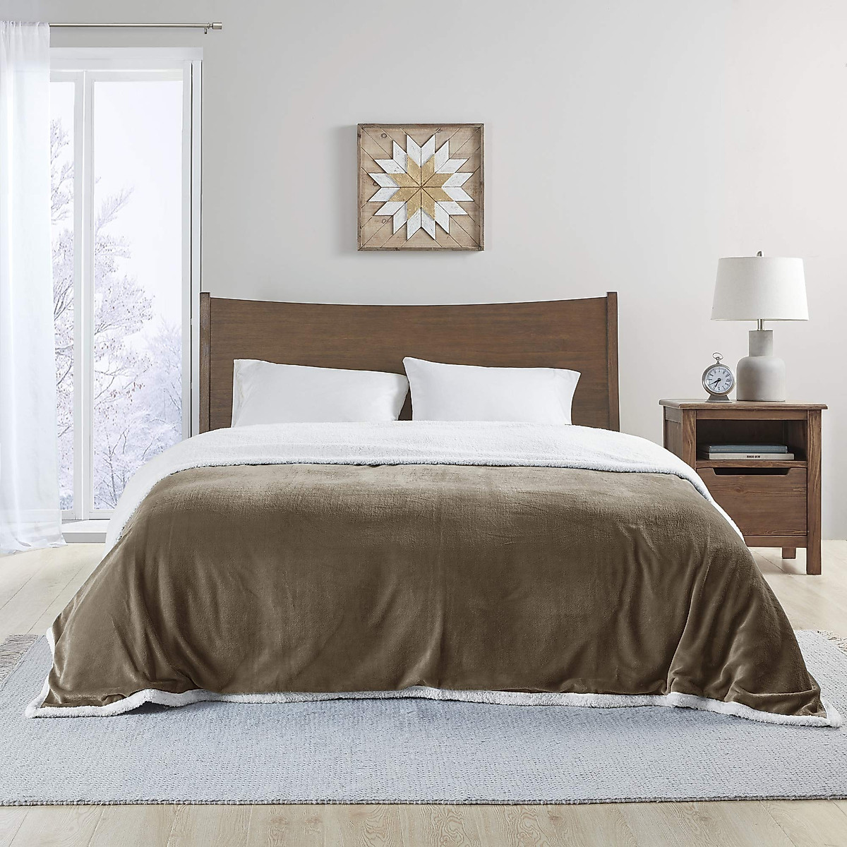 Madison Park Microlight to Berber Luxury Blanket Khaki 90*90 Full/Queen Size Premium Soft Cozy Microlight Plush For Bed, Coach or Sofa